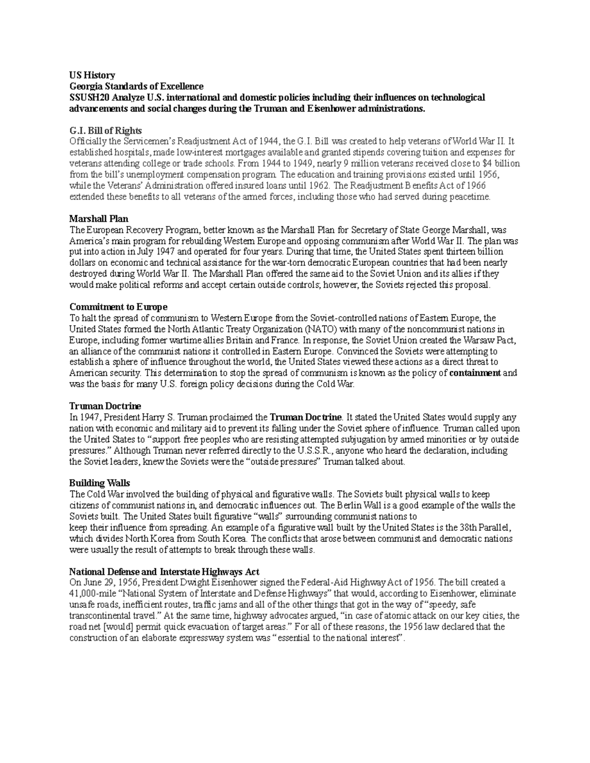 Cold War Events - US History Georgia Standards of Excellence SSUSH20 ...