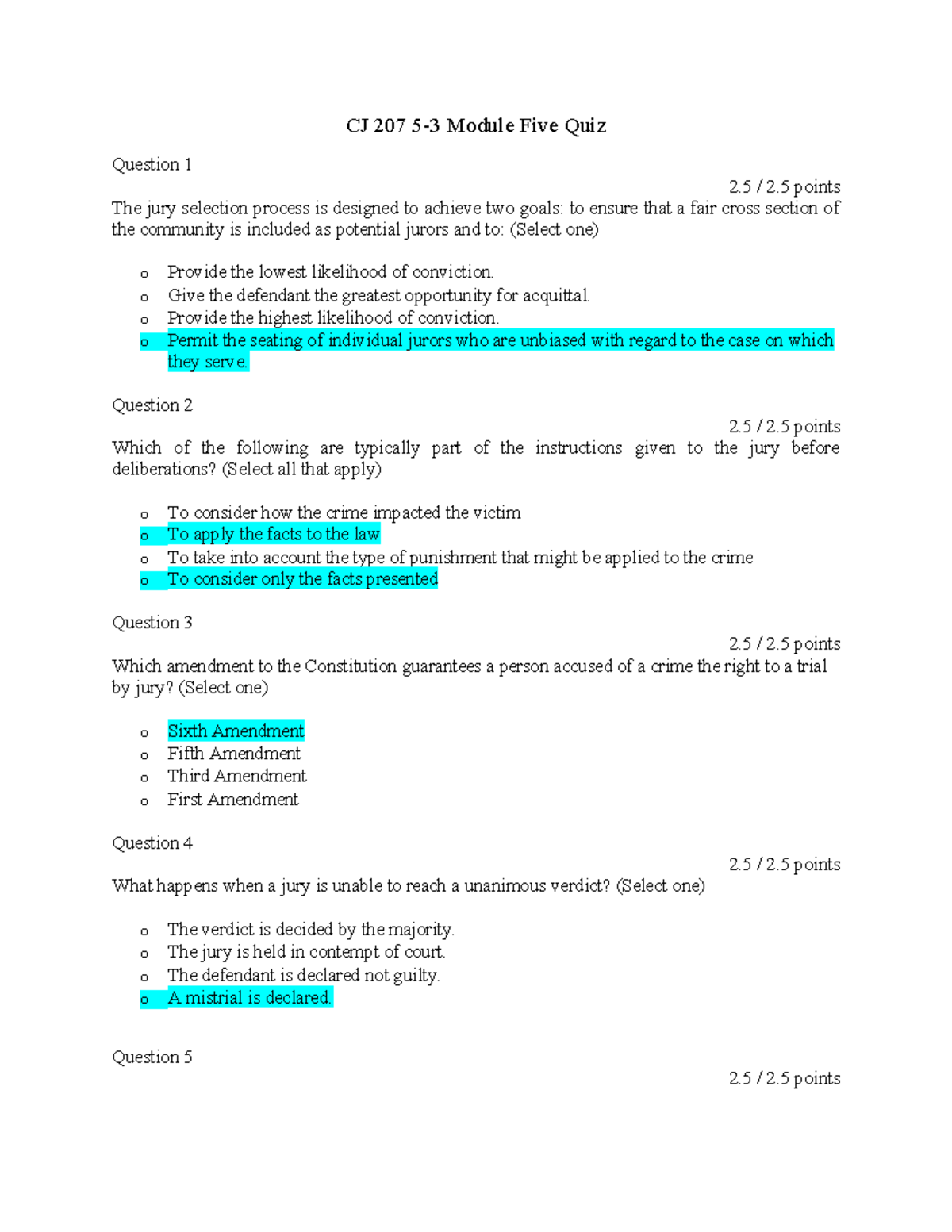 CJ 207 Module Five Quiz: Jury Selection & Constitutional Rights - Studocu