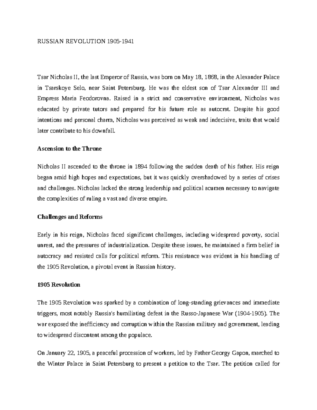 RUS 852608206: The Russian Revolution (1905-1917) Overview - Studocu