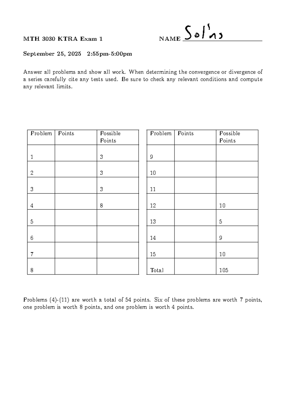 MTH 3030 KTRA Exam 1 Solutions - September 25, 2025 - Studocu