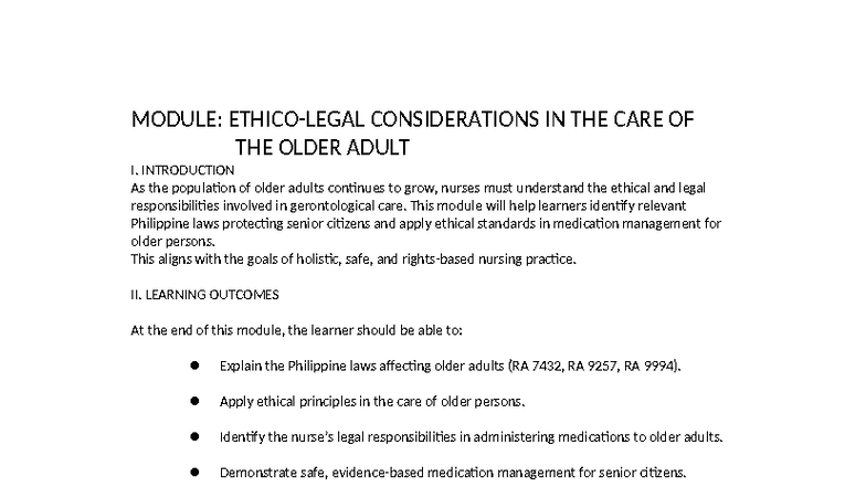 MODULE: Legal and Ethical Considerations in Gerontological Care - Studocu