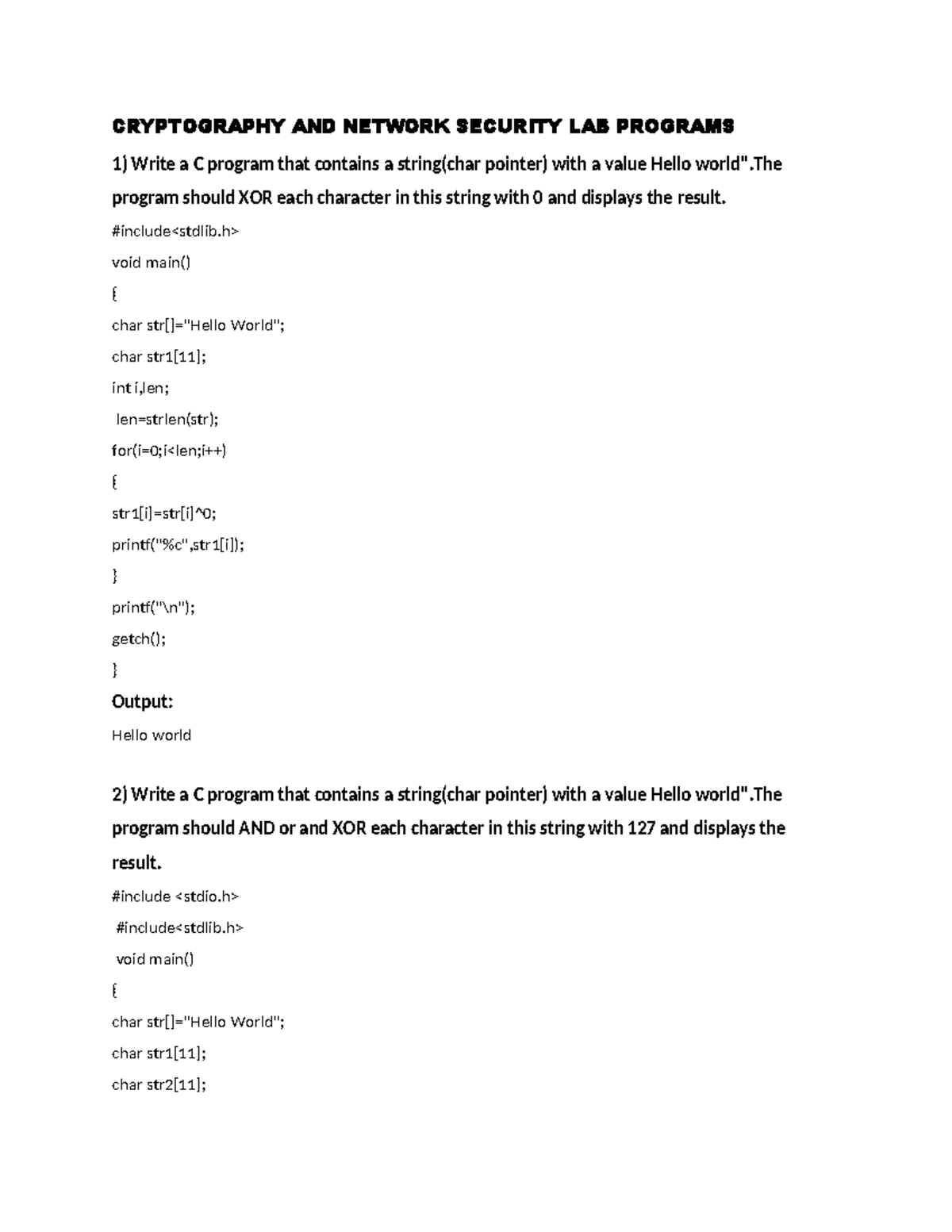 C&NS Lab Programs: Cryptography in C and Java (2023) - Studocu