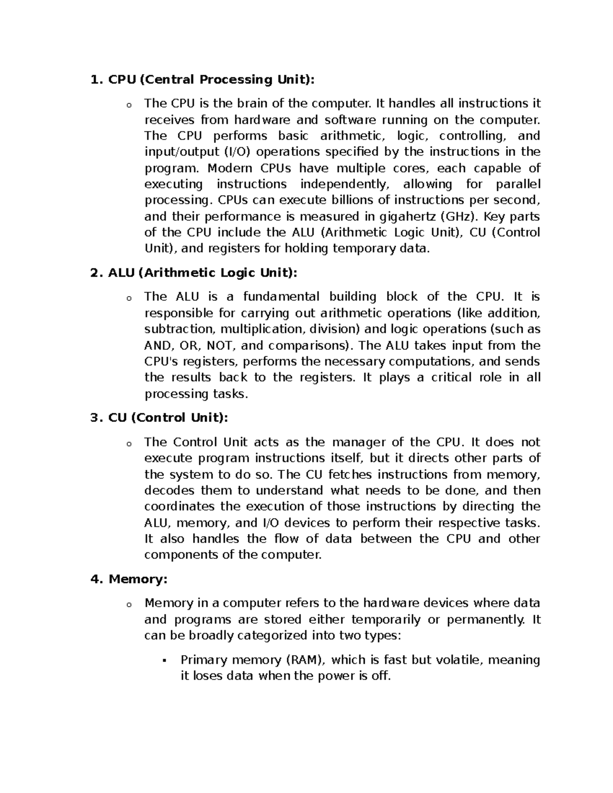 Comp Orientation Lec-3 - 1. CPU (Central Processing Unit): o The CPU is the brain of the ...