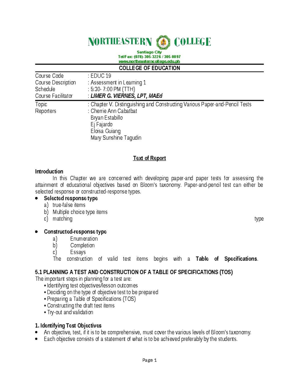 EDUC 19: Chapter V - Constructing Various Test Types and Specifications ...