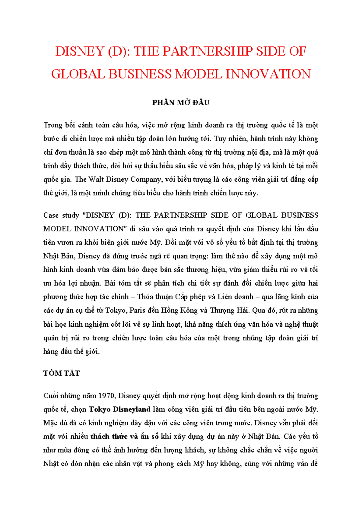 Case Study (D): Disney's Global Business Model Partnerships - Studocu