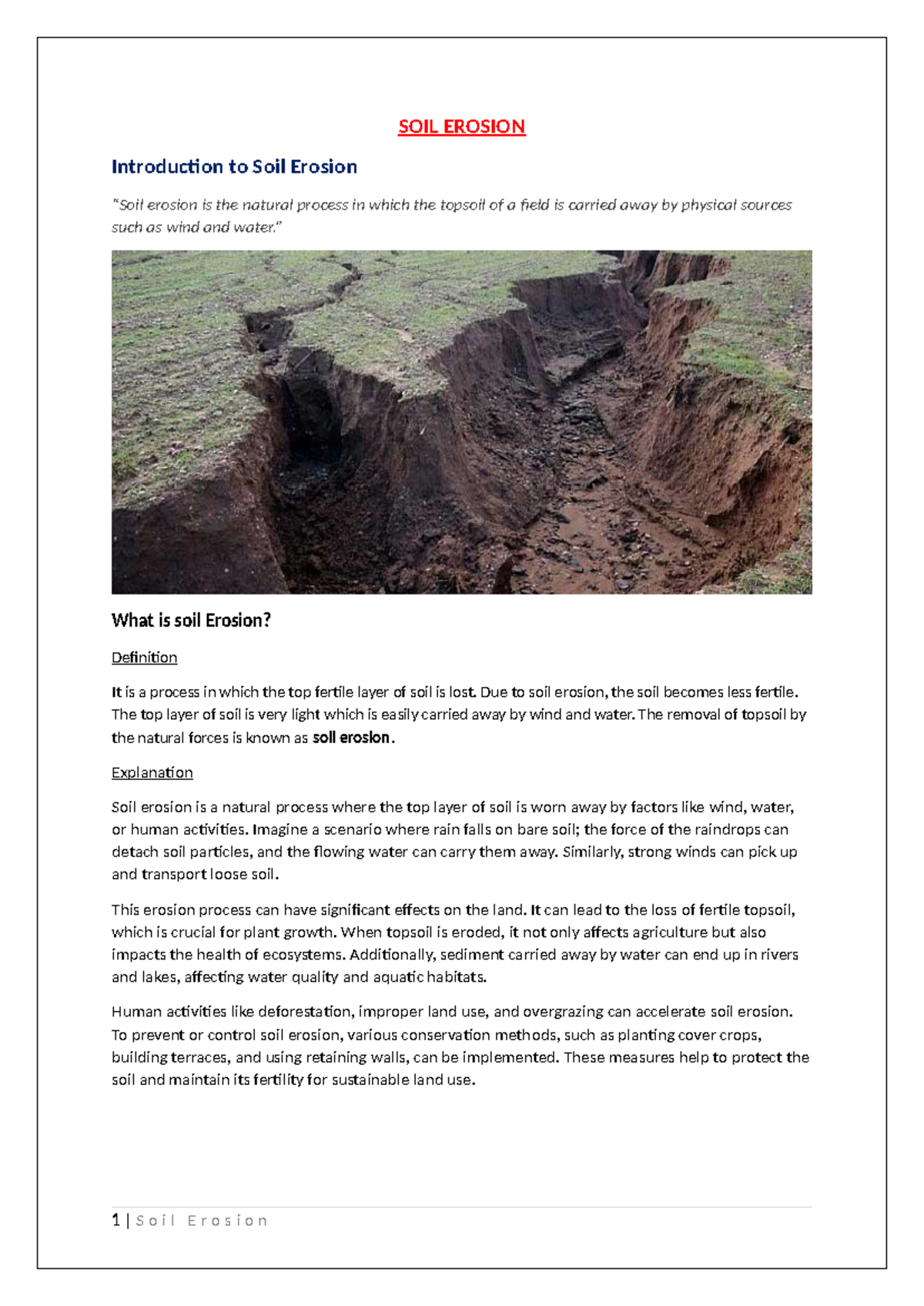SOIL Erosion - SOIL EROSION Introduction to Soil Erosion “Soil erosion ...