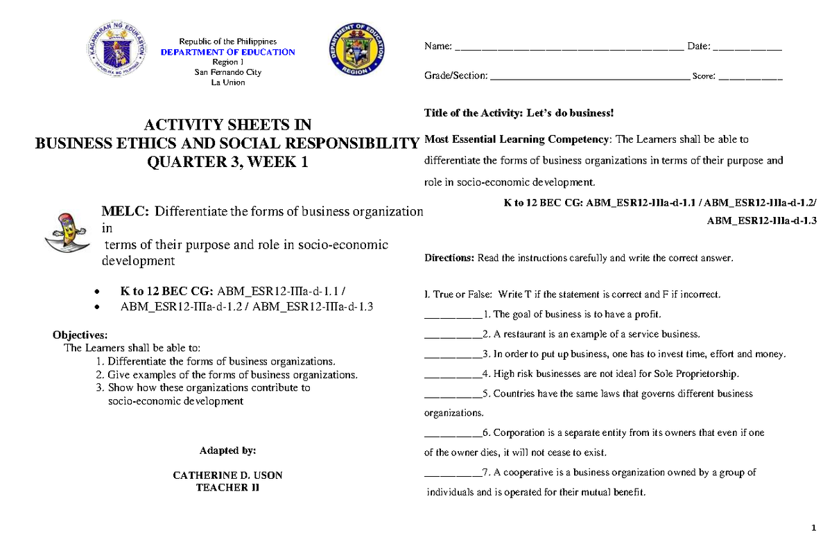 Business Ethics Activity Sheets: ABM_ESR12-III Series for Q3 Week 1 ...