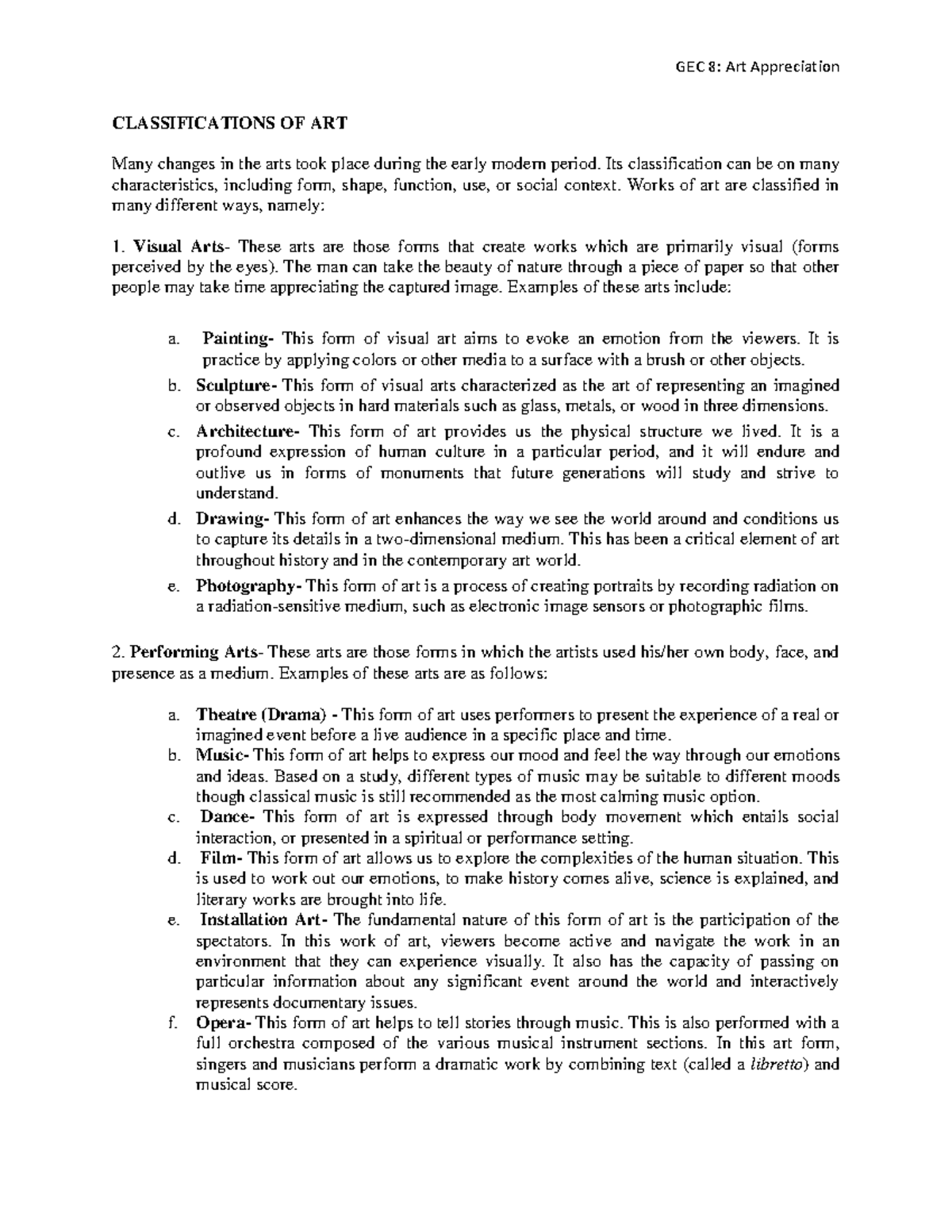 Classifications OF ART - GEC 8: Art Appreciation CLASSIFICATIONS OF ART ...