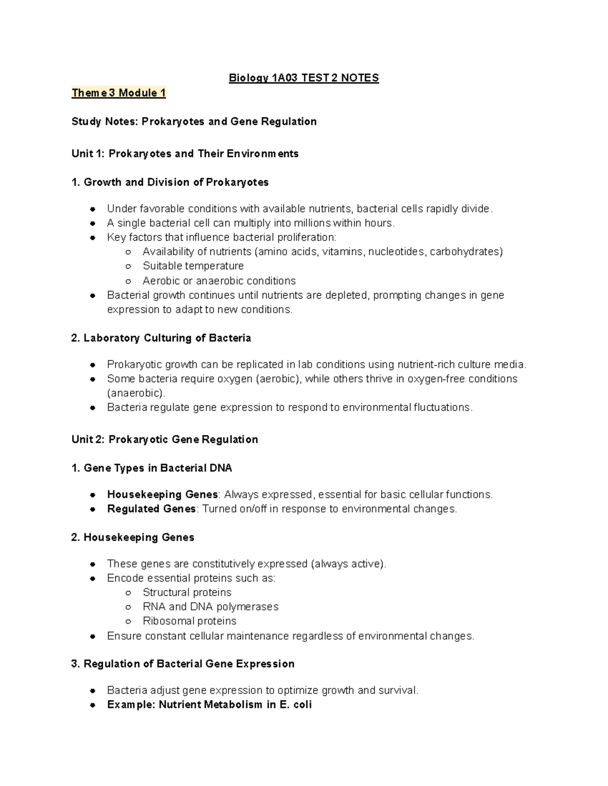 Biology 1A03 Test 2 Notes - Biology 1A03 TEST 2 NOTES Theme 3 Module 1 ...