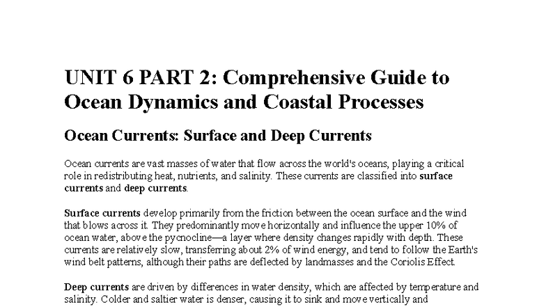UNIT 6 PART 2: Ocean Dynamics & Coastal Processes Overview - Studocu