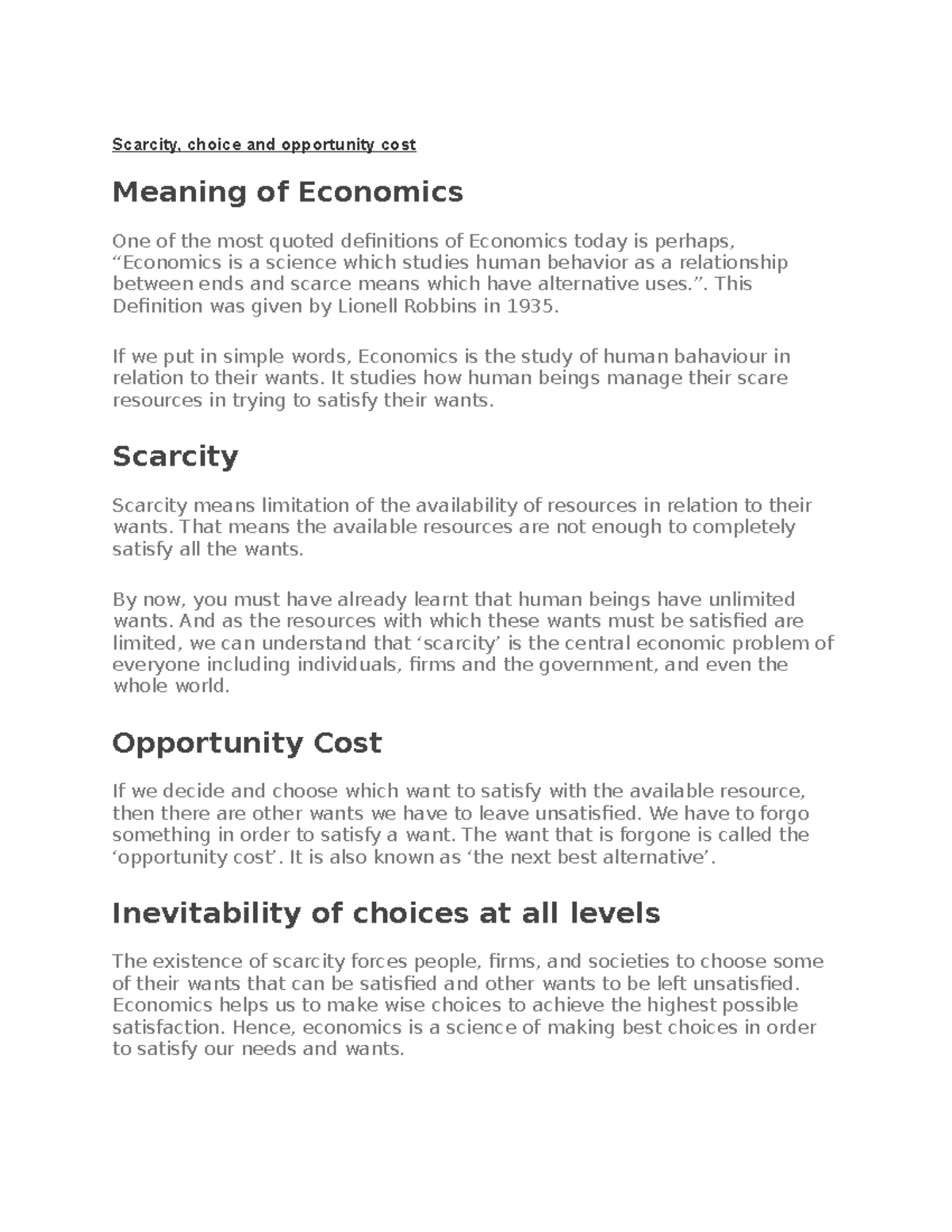 1.1 Scarcity, choice and opportunity cost - Scarcity, choice and ...