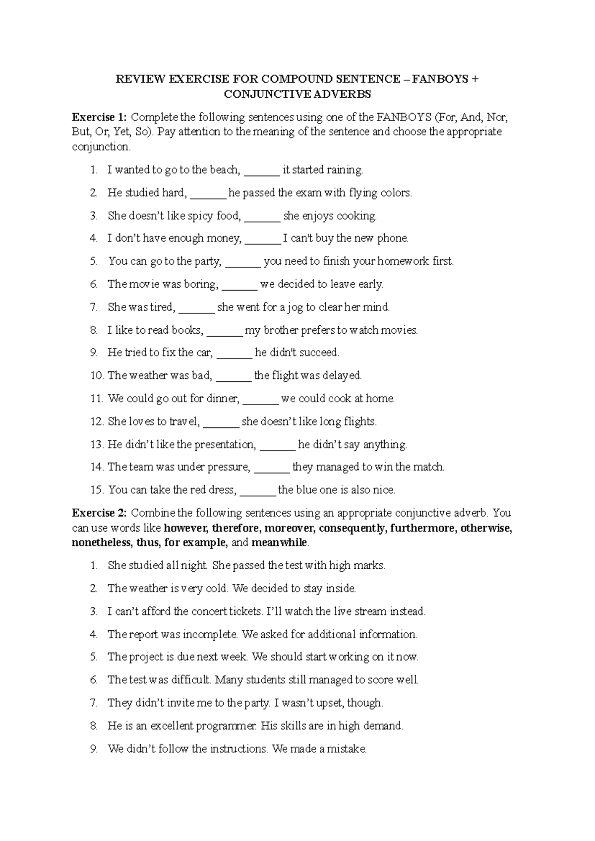 Unit 4 - Material 1 - Review of Compound sentence - REVIEW EXERCISE FOR ...