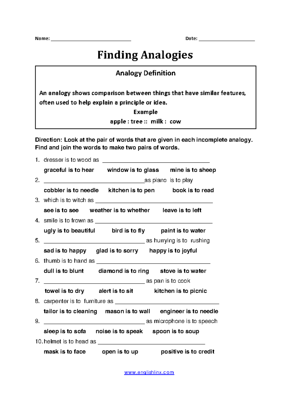 Finding-Analogies-Worksheet - Name: ______________________________ Date