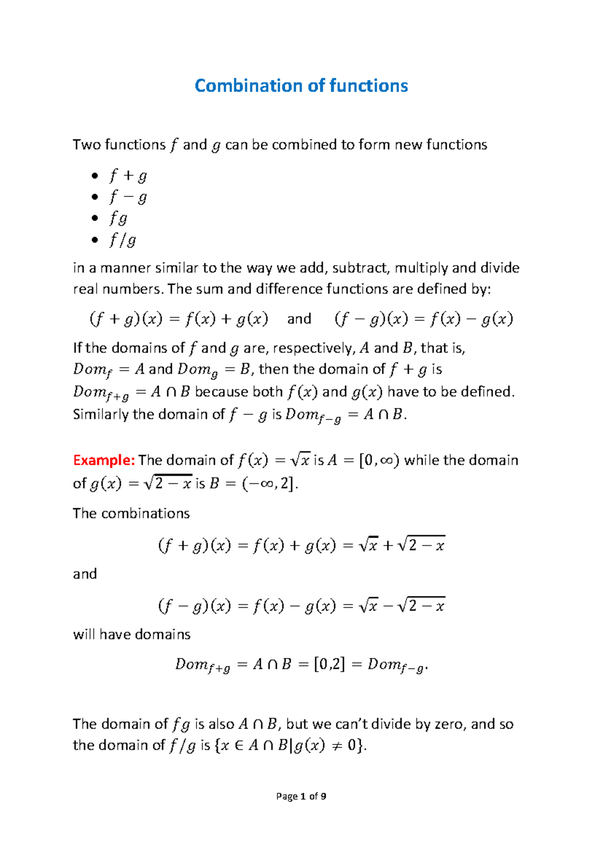 Combination of functions - The sum and difference functions are defined ...