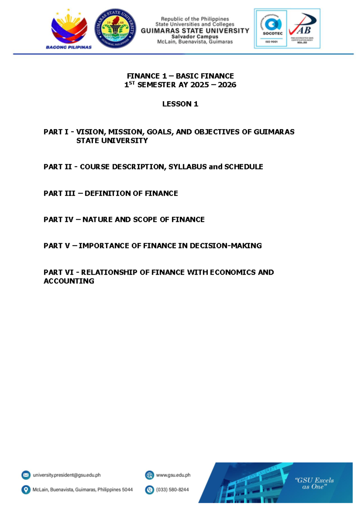 FINANCE 1: BASIC FINANCE 1ST SEMESTER AY 2025-2026 COURSE OUTLINE - Studocu