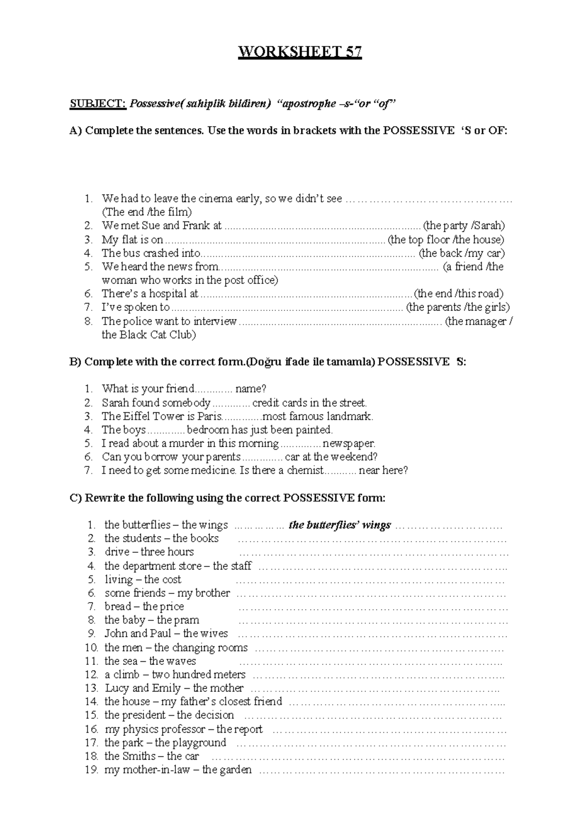 Possessive 's Worksheet 57: Exercises on Ownership - Studocu