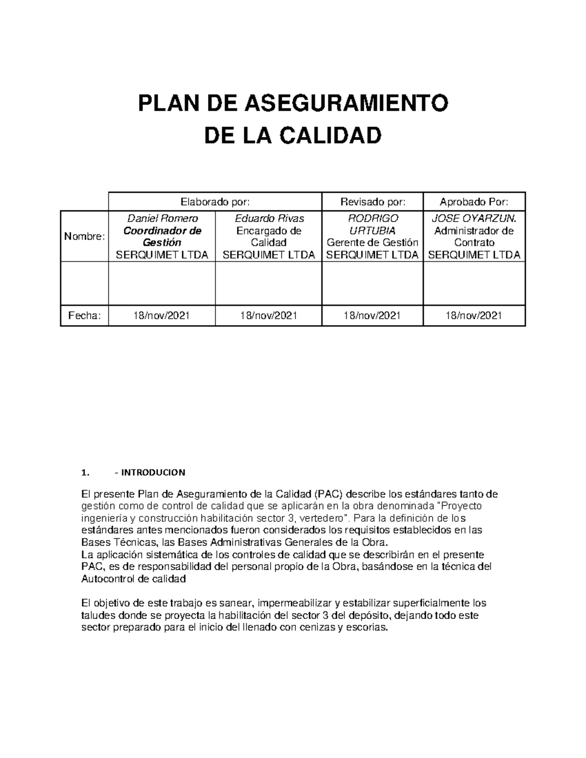 Plan de Aseguramiento de Calidad para Proyecto de Ingeniería y ...