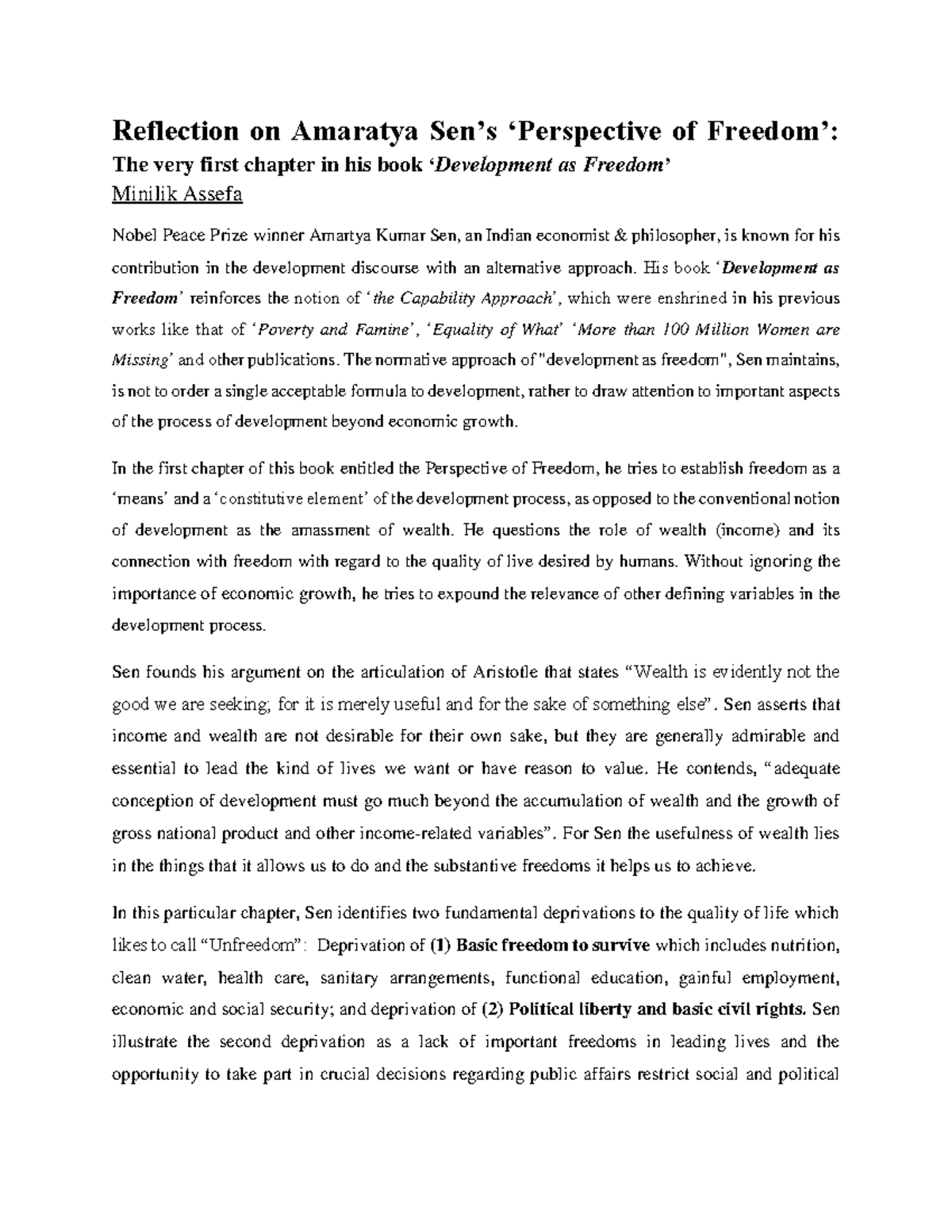 Reflection on Amartya Sen's Perspective of Freedom - Chapter 1 Analysis ...