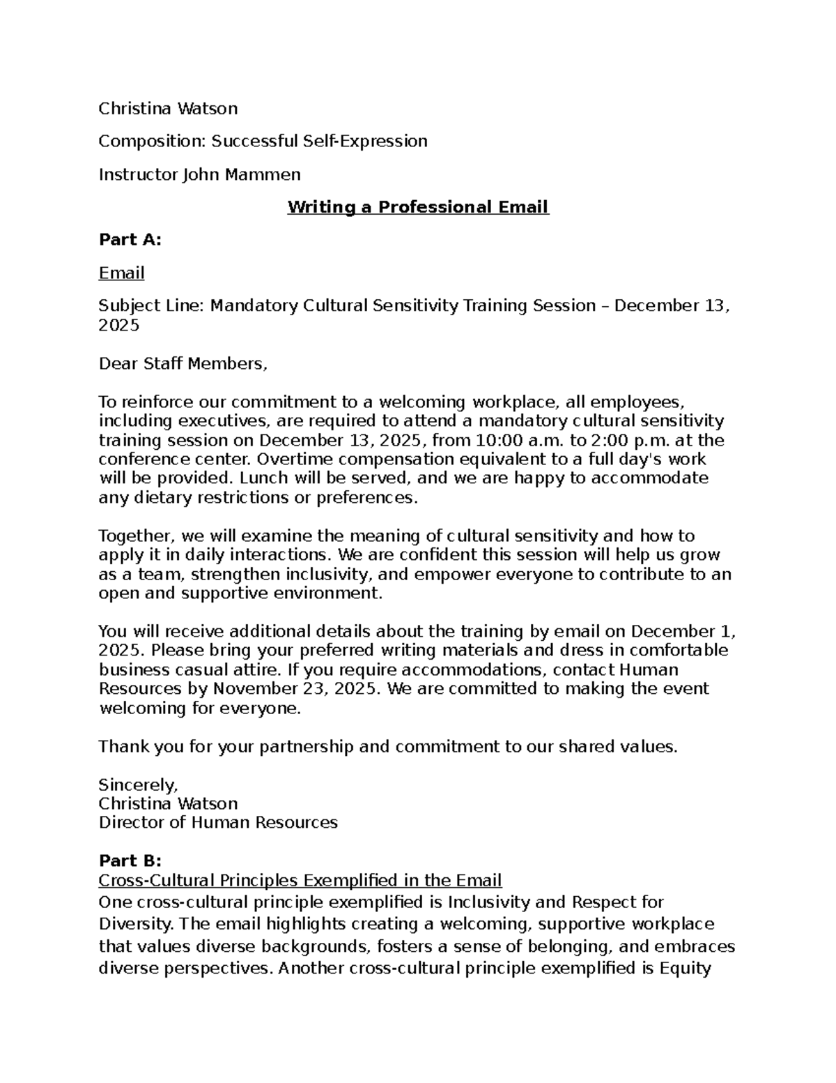 RHM3 Task 1: Writing a Professional Email on Cultural Sensitivity - Studocu