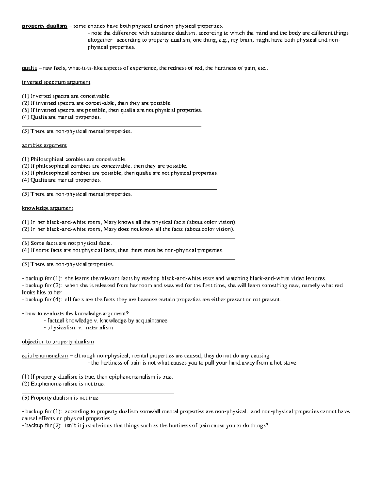 Handout 02: Understanding Property Dualism and Its Arguments - Studocu