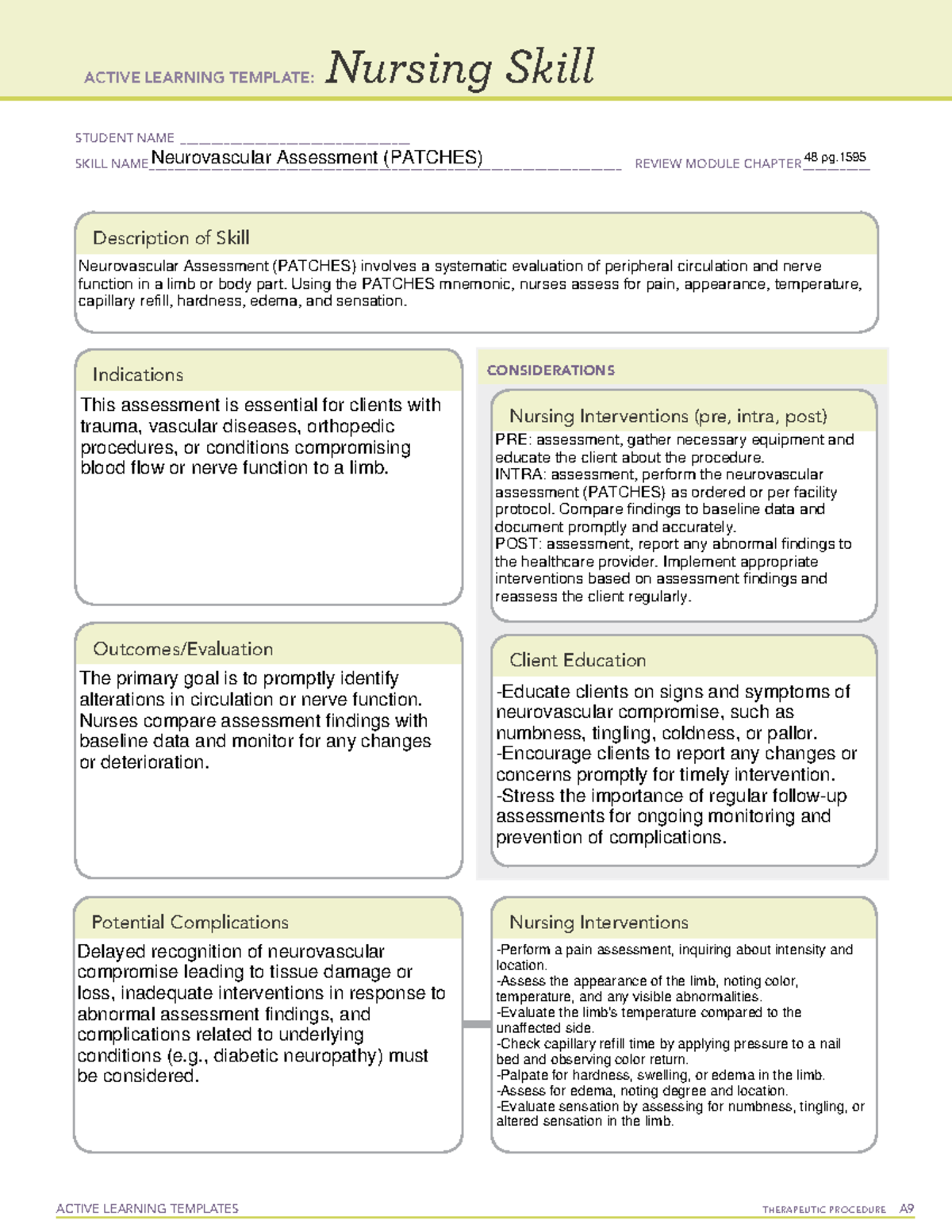 Neurovascular Assessment Nursing Skill Template for Active Learning ...