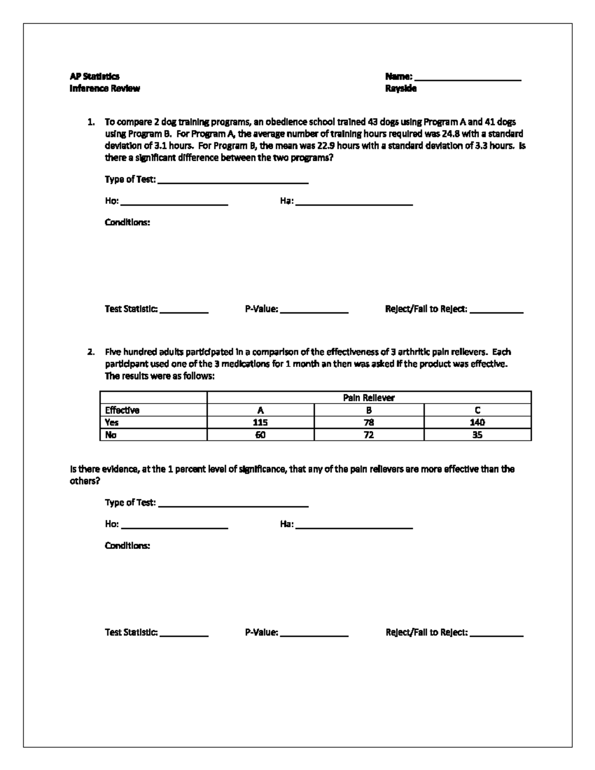 Inference Review - statistics - AP Statistics Name: Inference Review ...