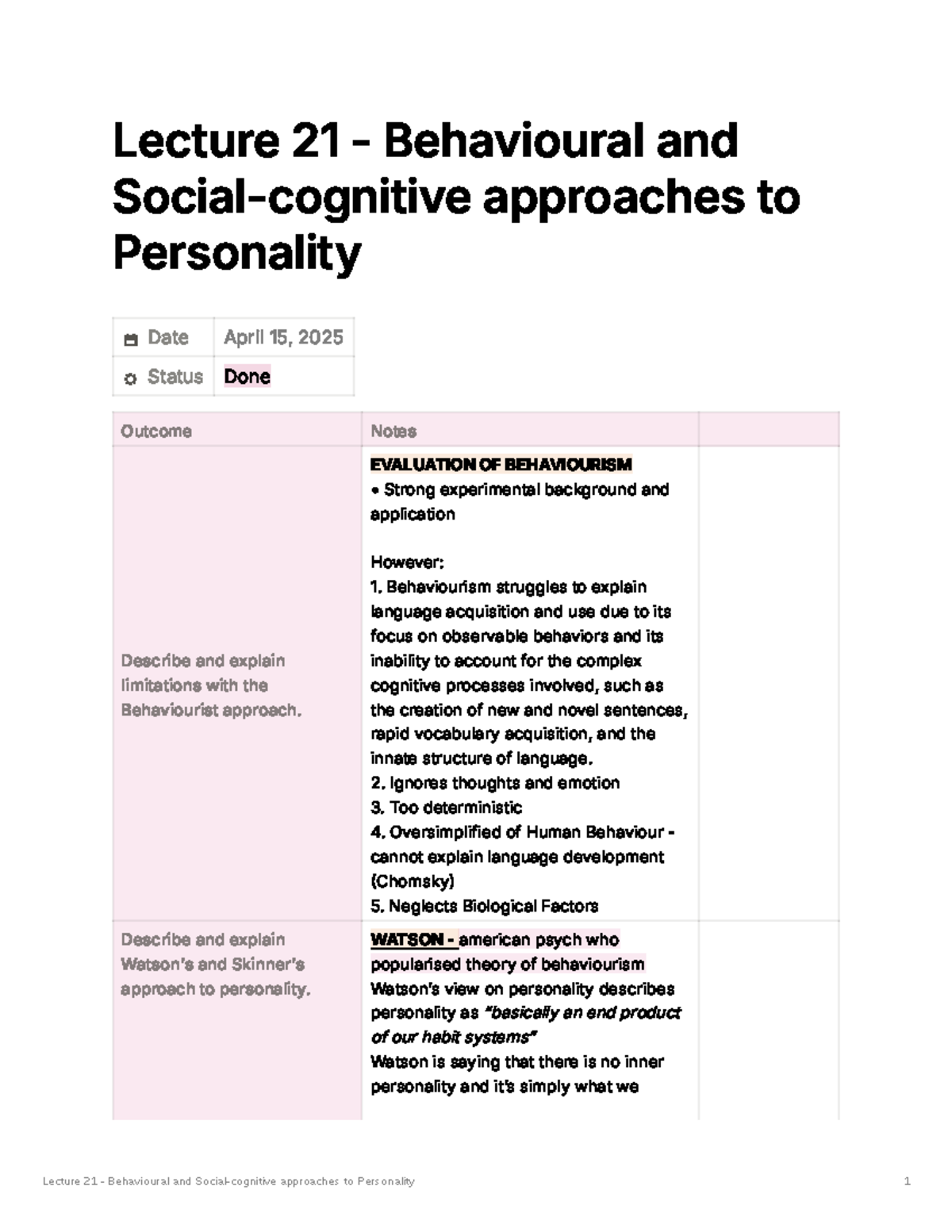 Lecture 21 - Behavioural and Social-Cognitive Approaches to Personality ...