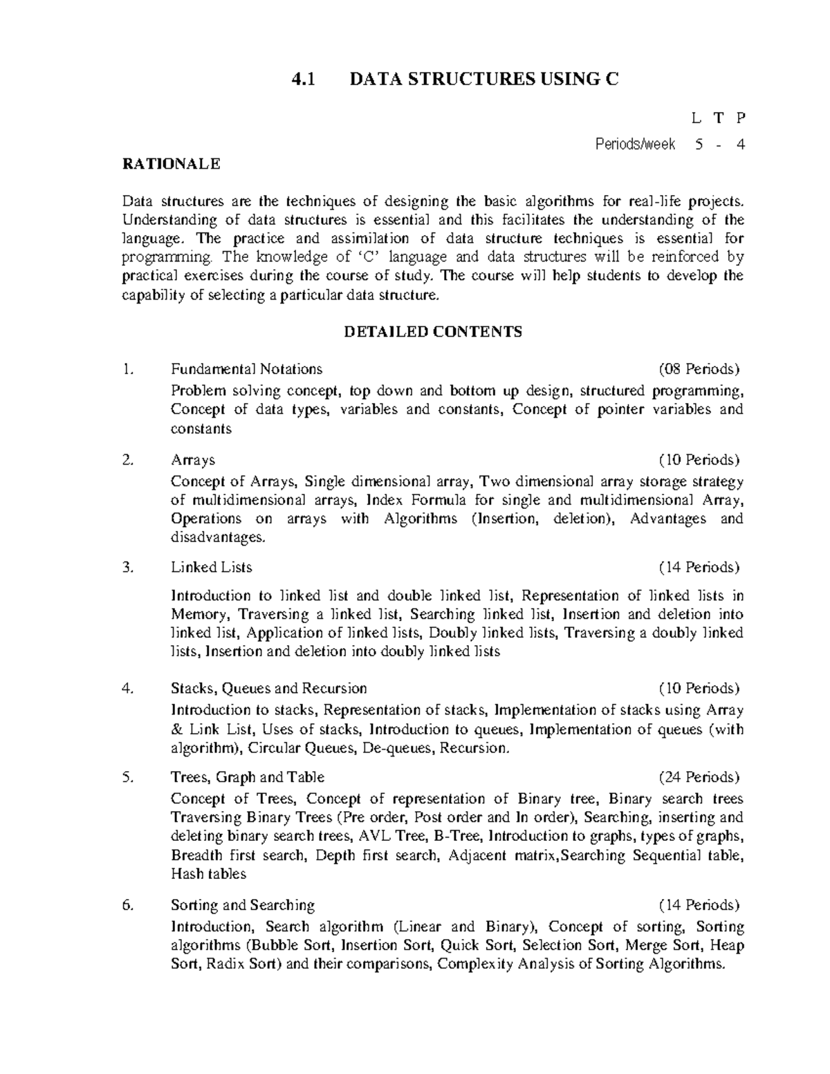 Data structure using C - 4 DATA STRUCTURES USING C L T P Periods/week 5 ...