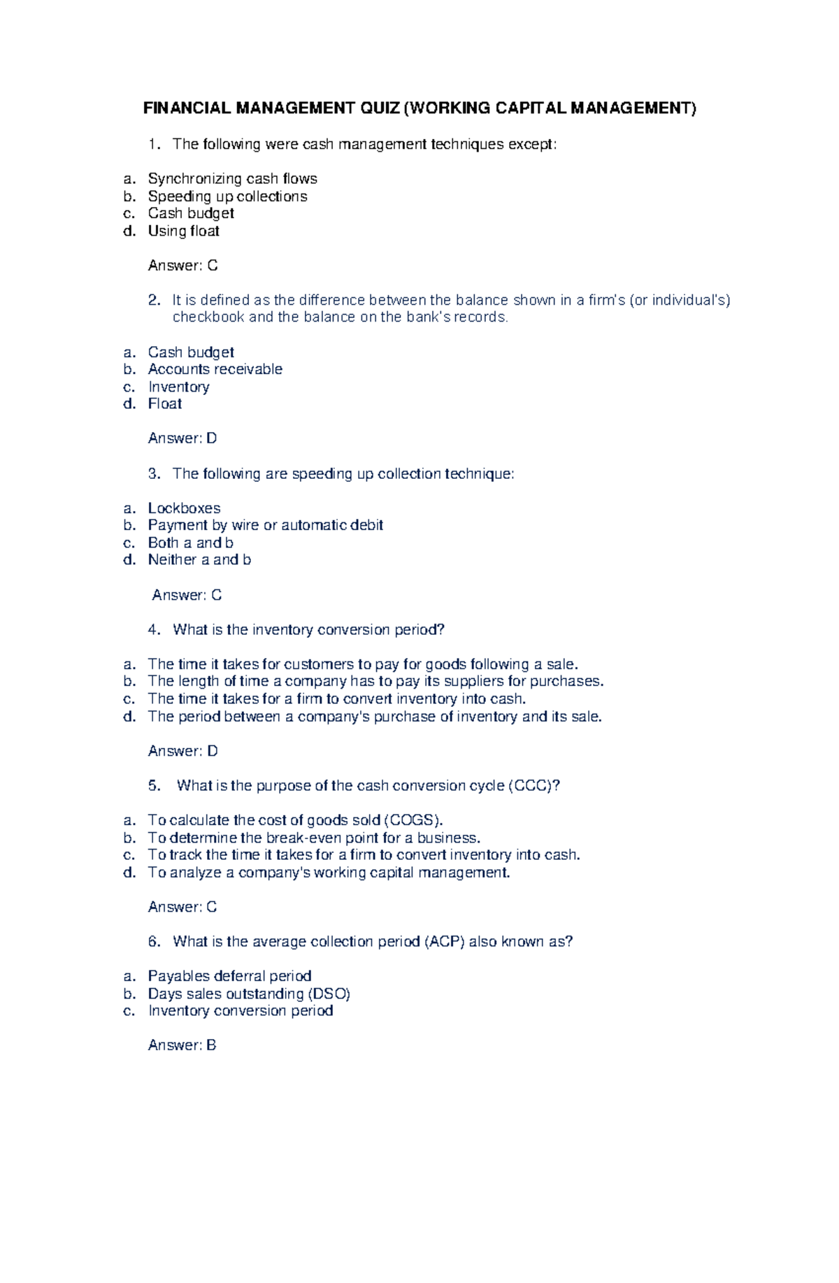 Finman 8 Working Capital Management Quiz Answers and Concepts - Studocu