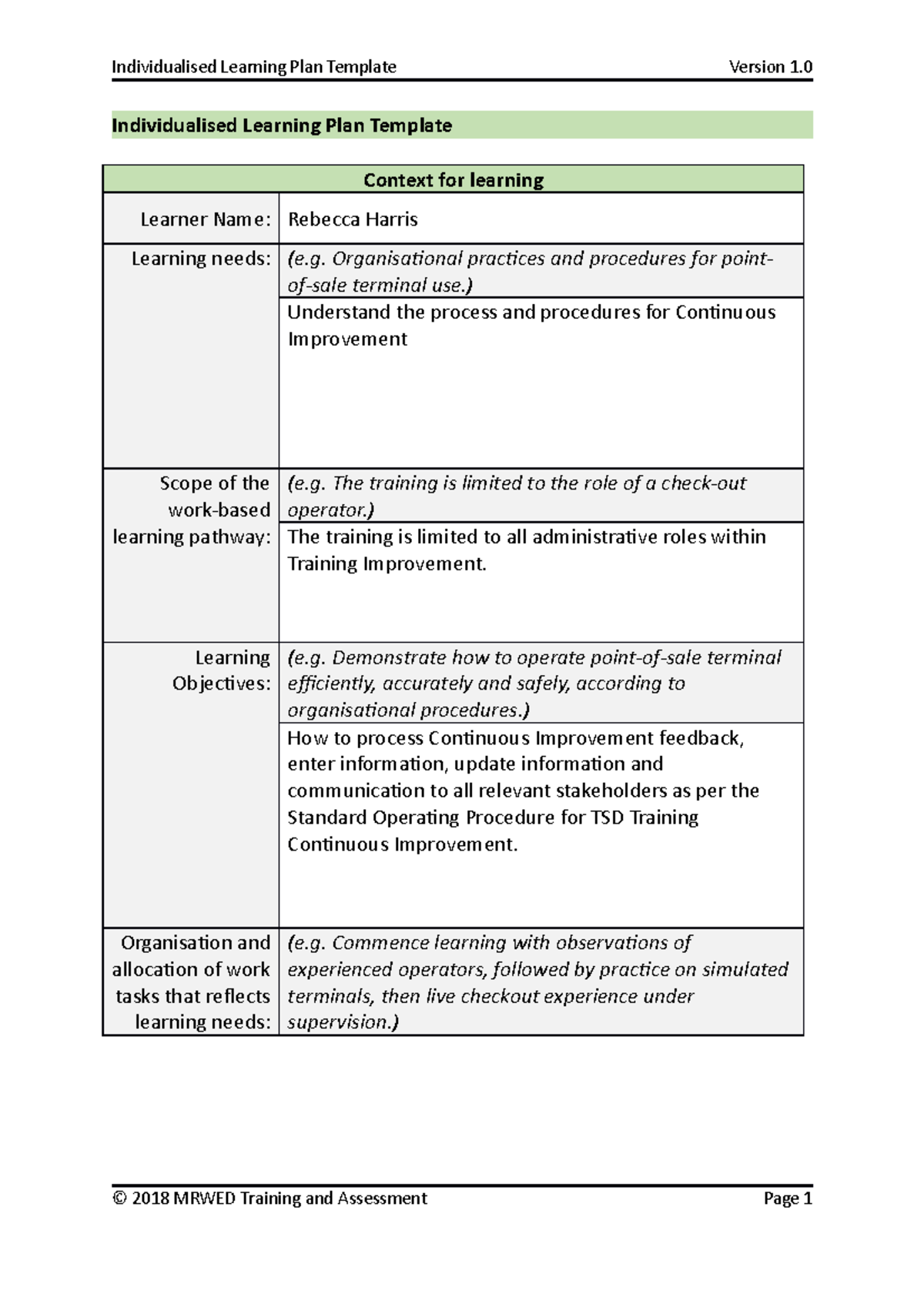 7a. Individualised Learning Plan Template 1 v1 - Individualised ...