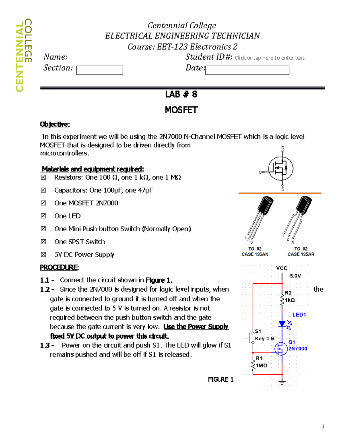 EET123 Lab 8: MOSFET Circuit Experiment & Analysis - F21 Revision 1.0 ...