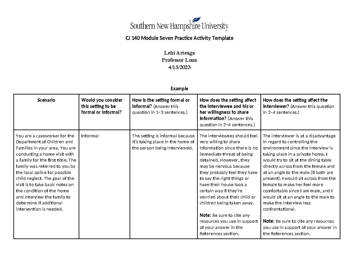 CJ 140 Module Seven Home Visit Interview Activity Outline - Studocu