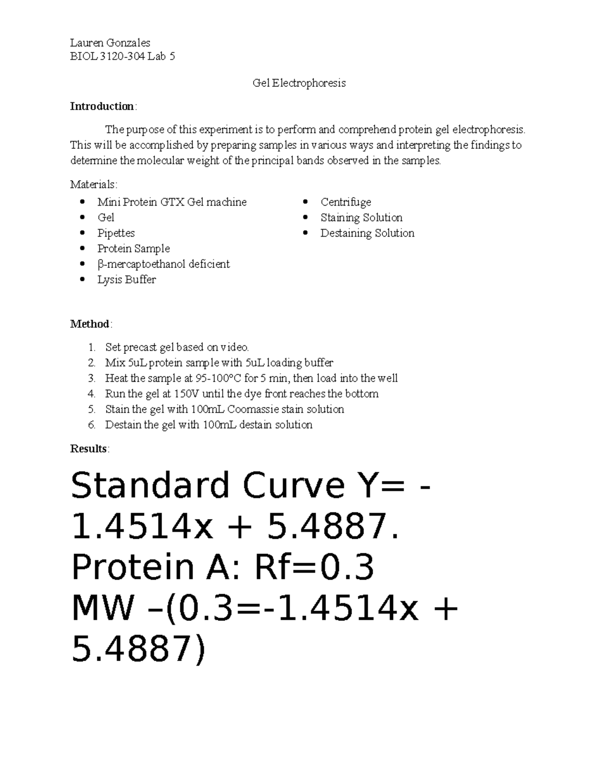 BIOL3120 304 Gonzales Lauren Lab5 - BIOL 3120-304 Lab 5 Gel ...