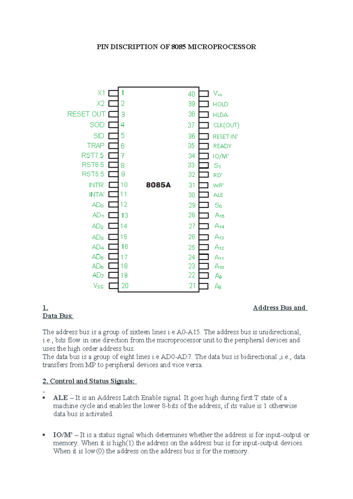 8085 Microprocessor Pin Diagram and Architecture Lecture Notes - Studocu