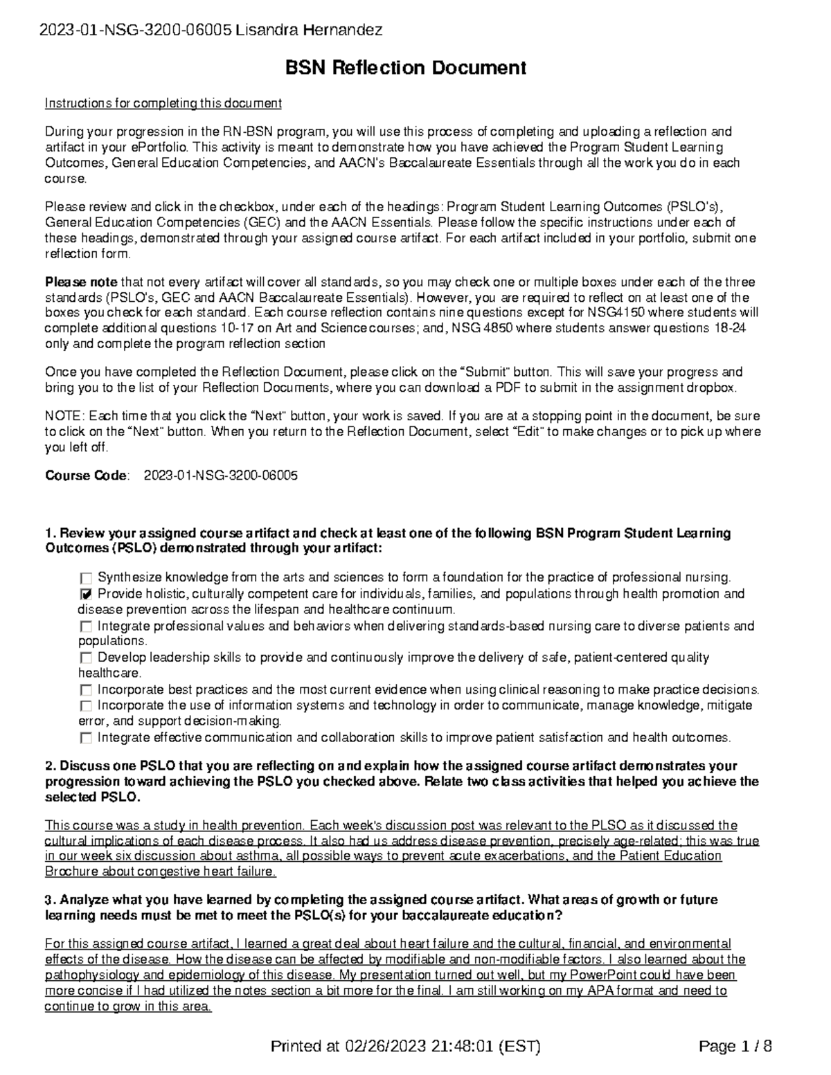 Reflection Document for BSN Program - 2023-01-NSG-3200- - Studocu