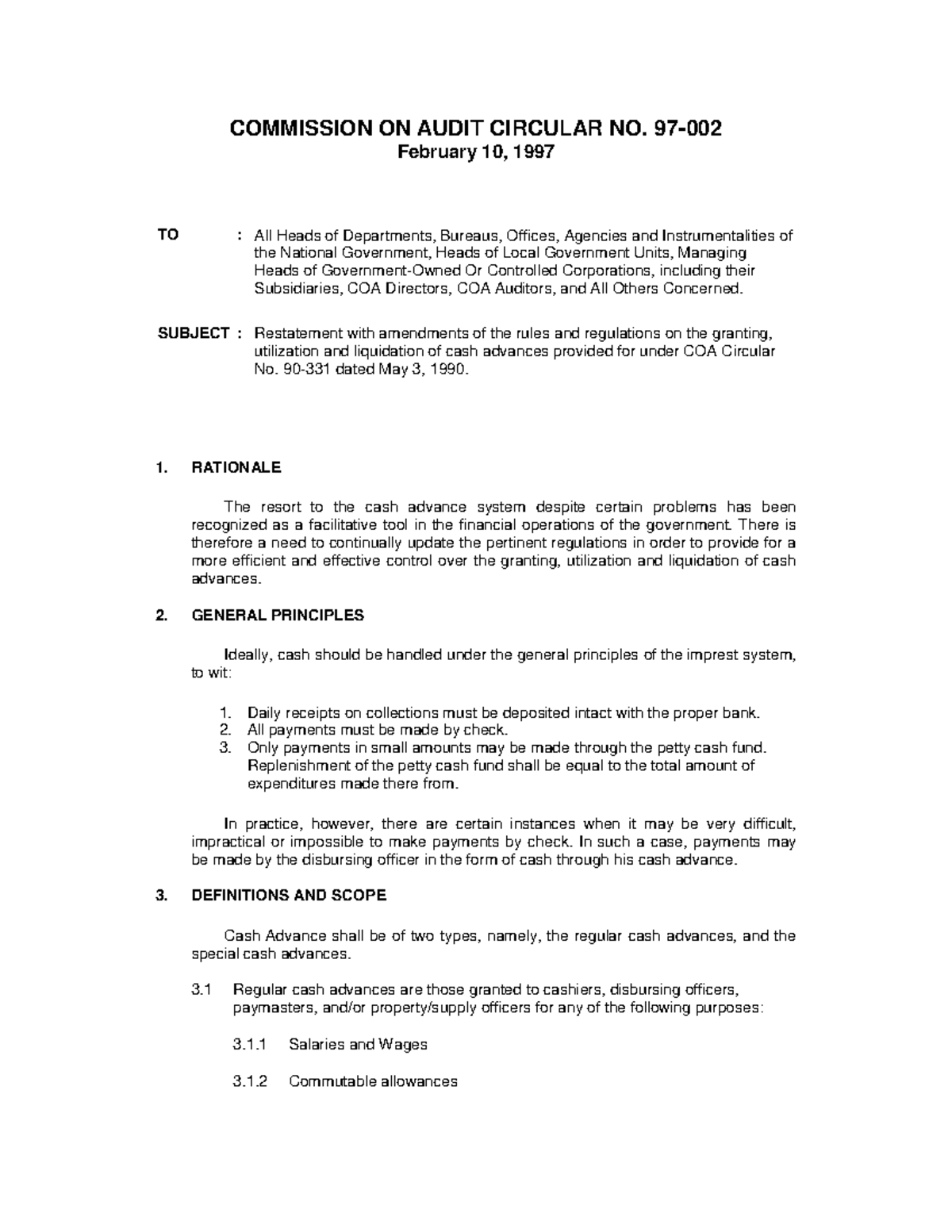 COA- Circular-NO 97-002: Guidelines on Cash Advances Management - Studocu