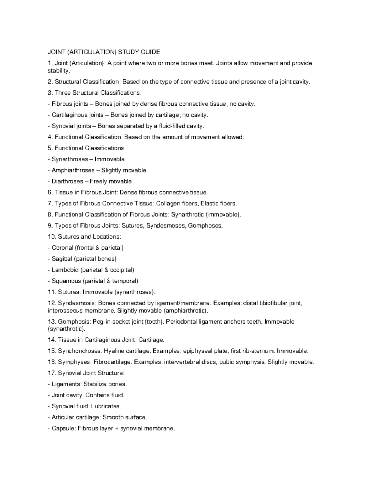 Joint (Articulation) Study Guide: Structure & Function Overview - Studocu