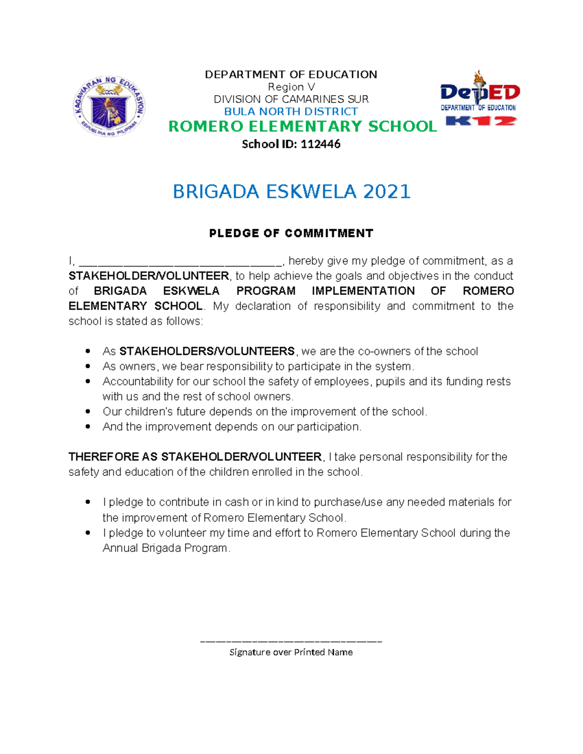 Brigada Eskwela 2021 Stakeholder Commitment Pledge Form - Studocu