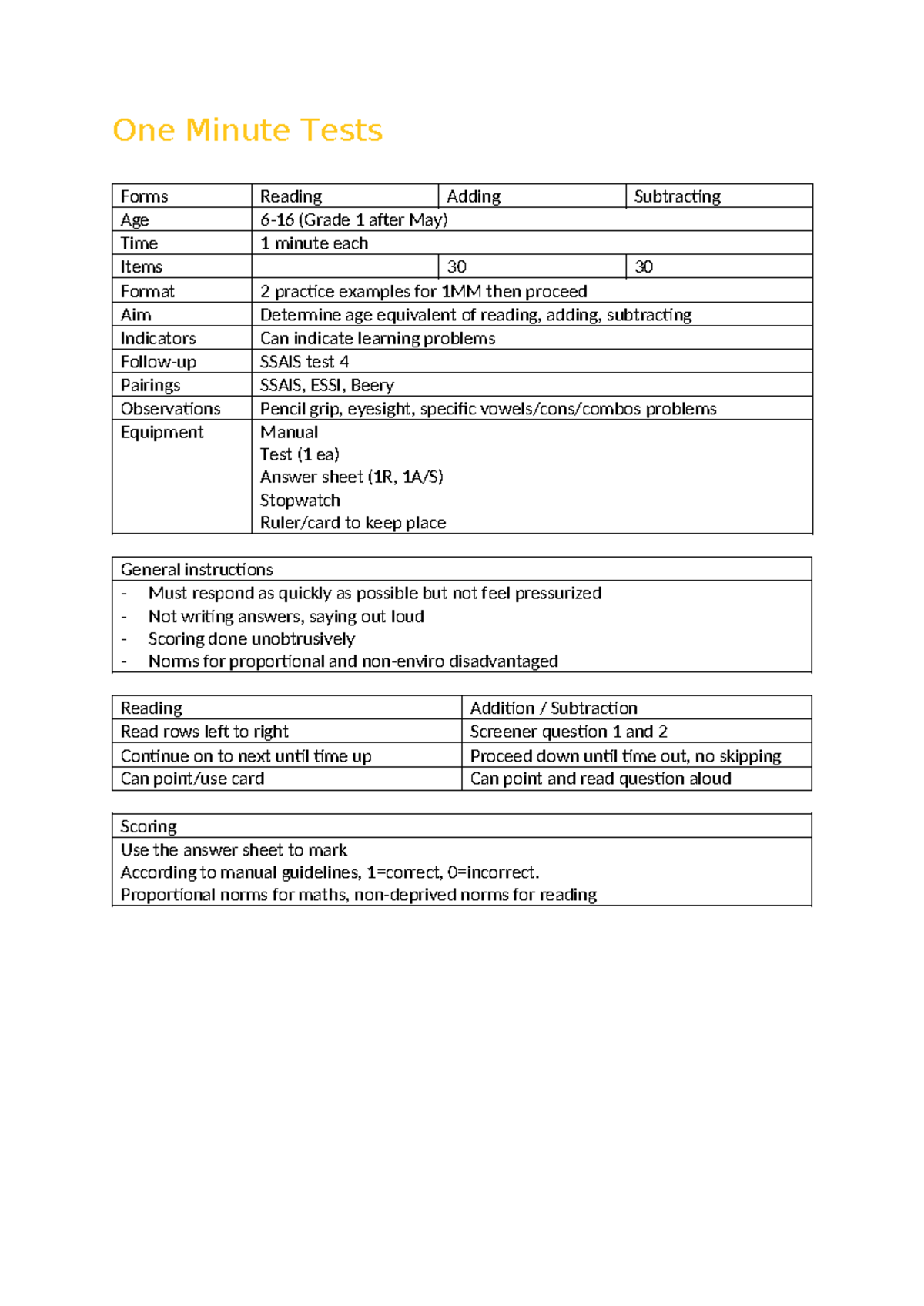 Grade 1 One Minute Tests: Reading, Adding, Subtracting (Post-May) - Studocu