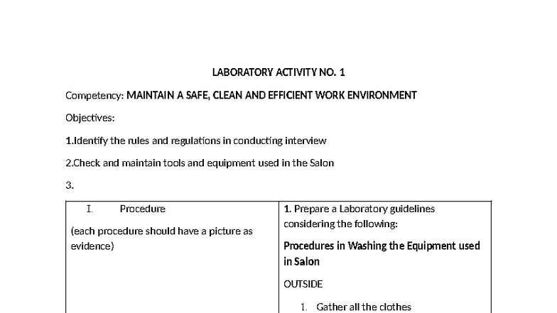 Laboratory Activity No. 1: Maintaining a Safe Salon Environment - Studocu