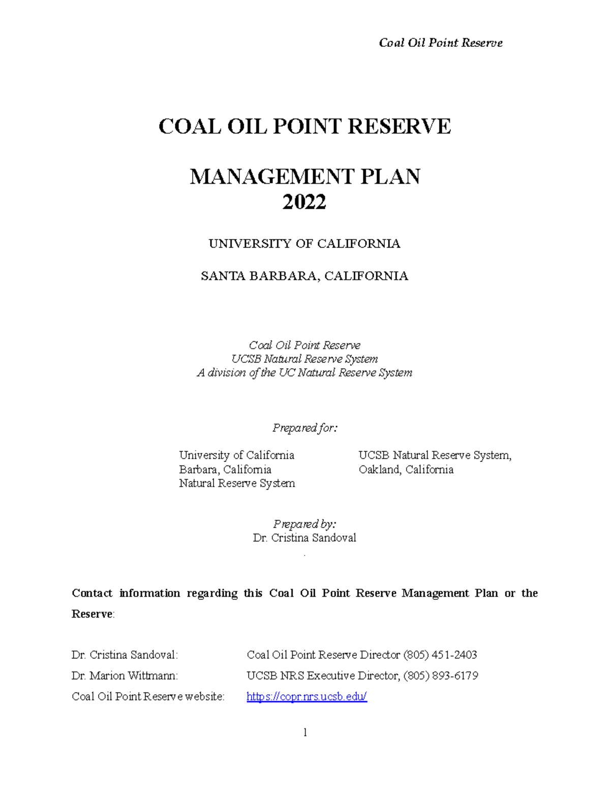 Coal Oil Point Reserve Management Plan 2021 Update (COPR MP) - Studocu