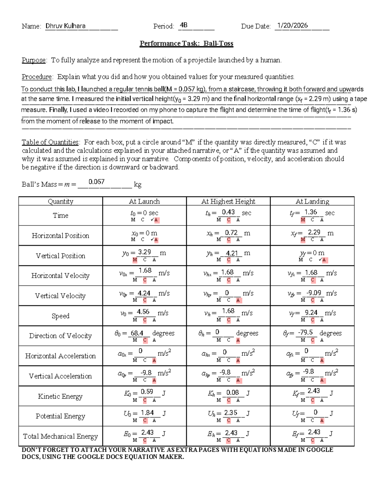 4B Performance Task: Analyzing Projectile Motion of a Tennis Ball - Studocu