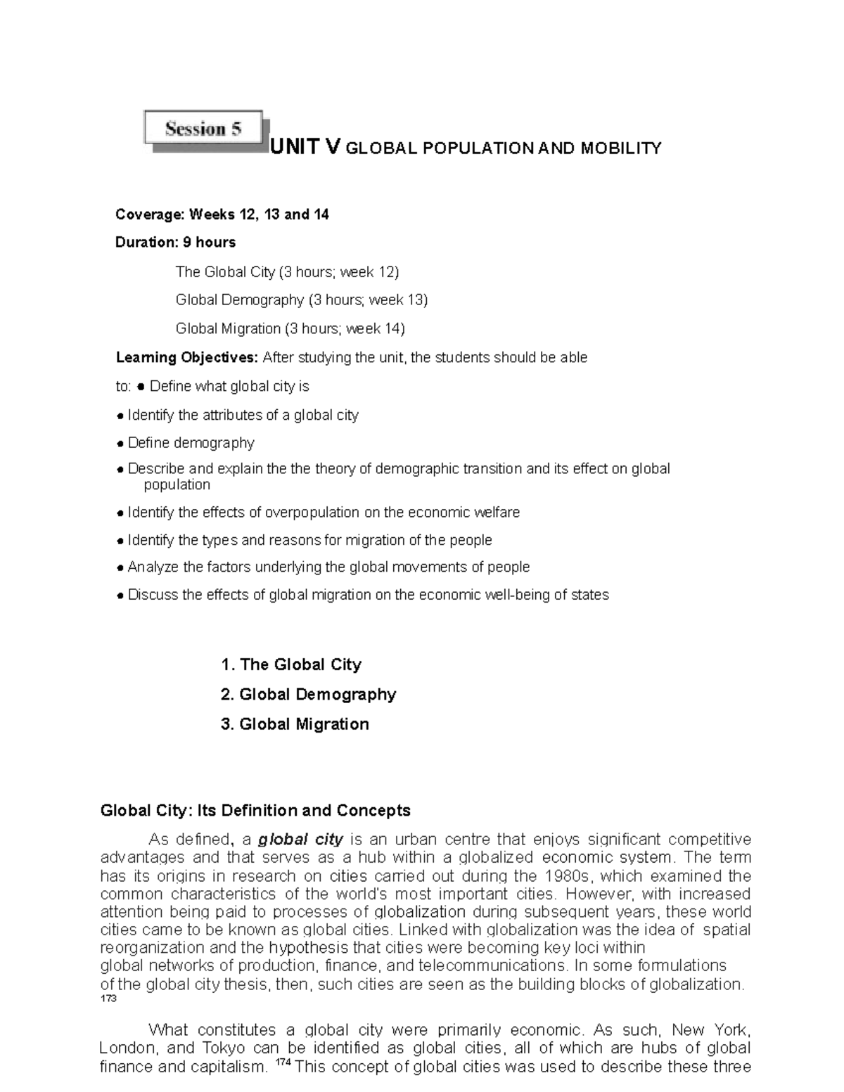 UNIT V - Global Population & Mobility: Key Concepts & Theories - Studocu