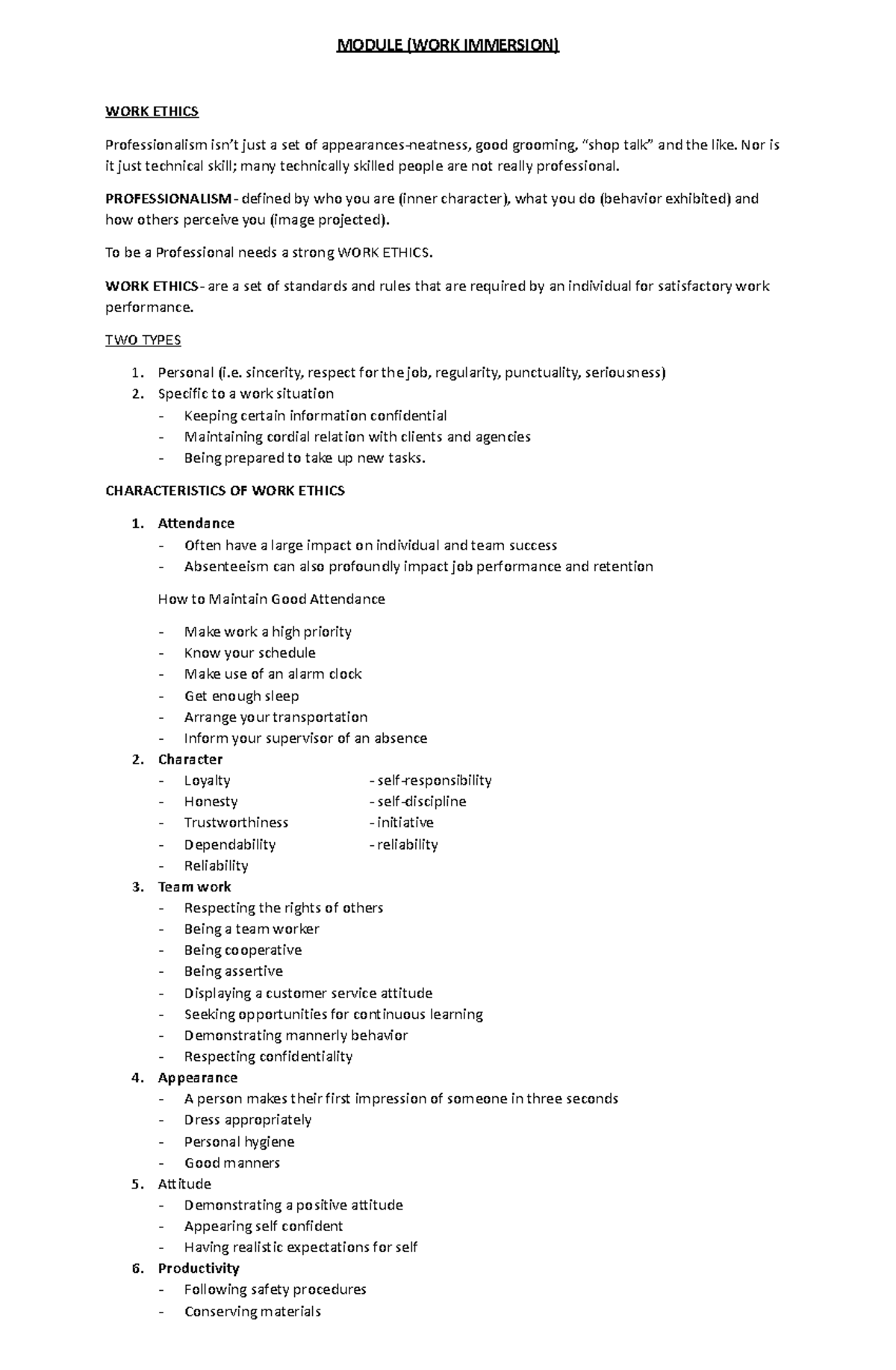 Work Immersion Module 1: Professionalism & Work Ethics Overview - Studocu
