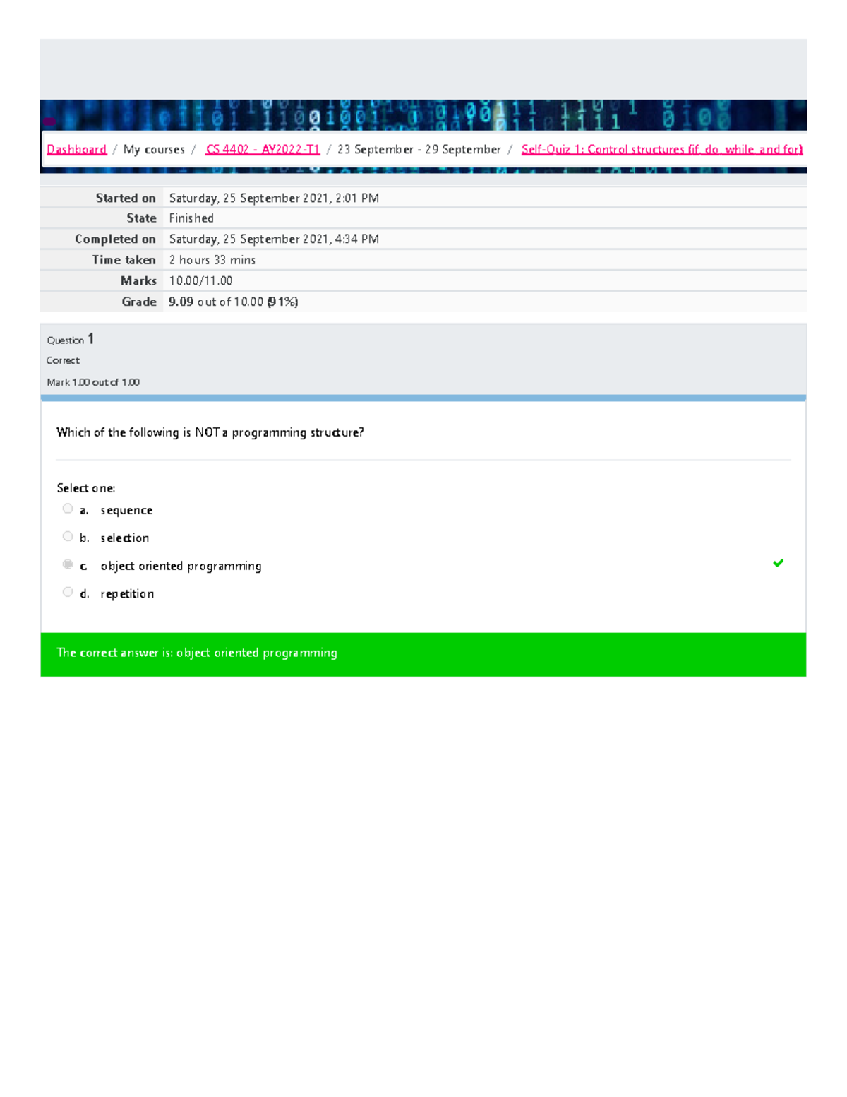 Self-Quiz 1 Control structures (if, do, while, and for) Attempt review - Started on Saturday, 25 ...