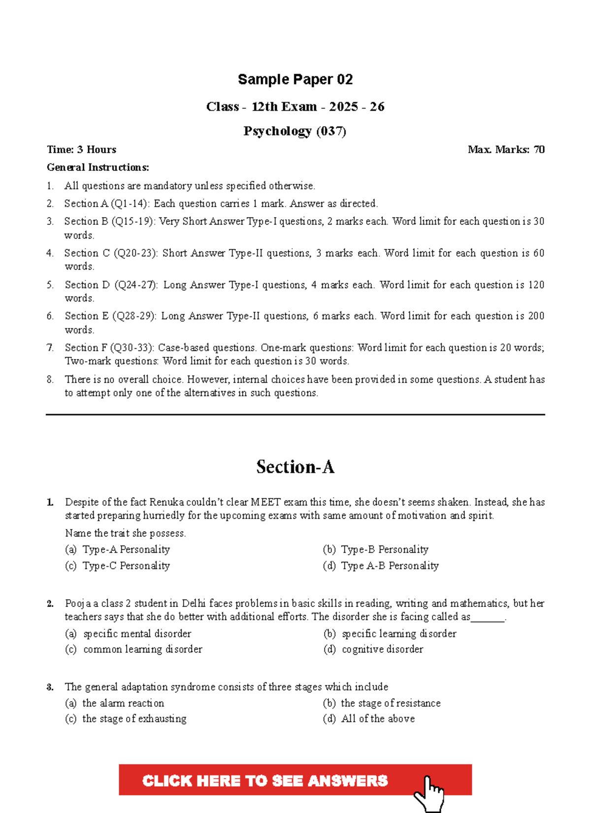 NODIA APP Sample Paper 02 - Class 12 Psychology Exam 2025-26 - Studocu
