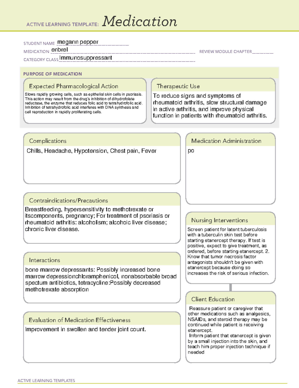 Drug Card: Enbrel - Class Work for Pharmacology (PTX-101) - Studocu