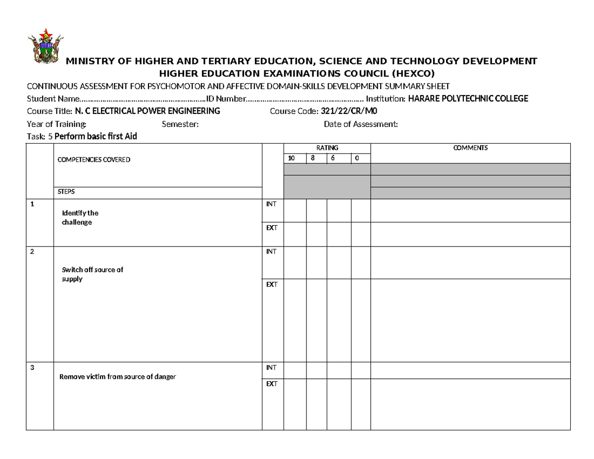 N.C. Electrical Power Engineering (Task 5) First Aid Assessment Summary - Studocu