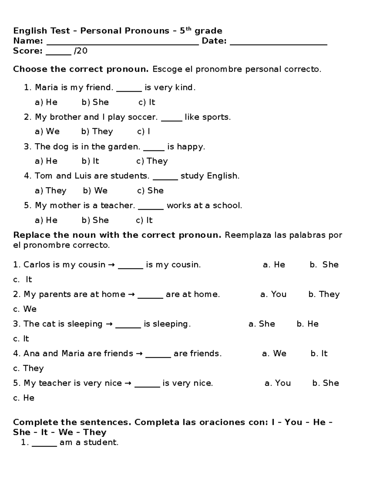 English Test: Personal Pronouns for 5th Grade - Studocu