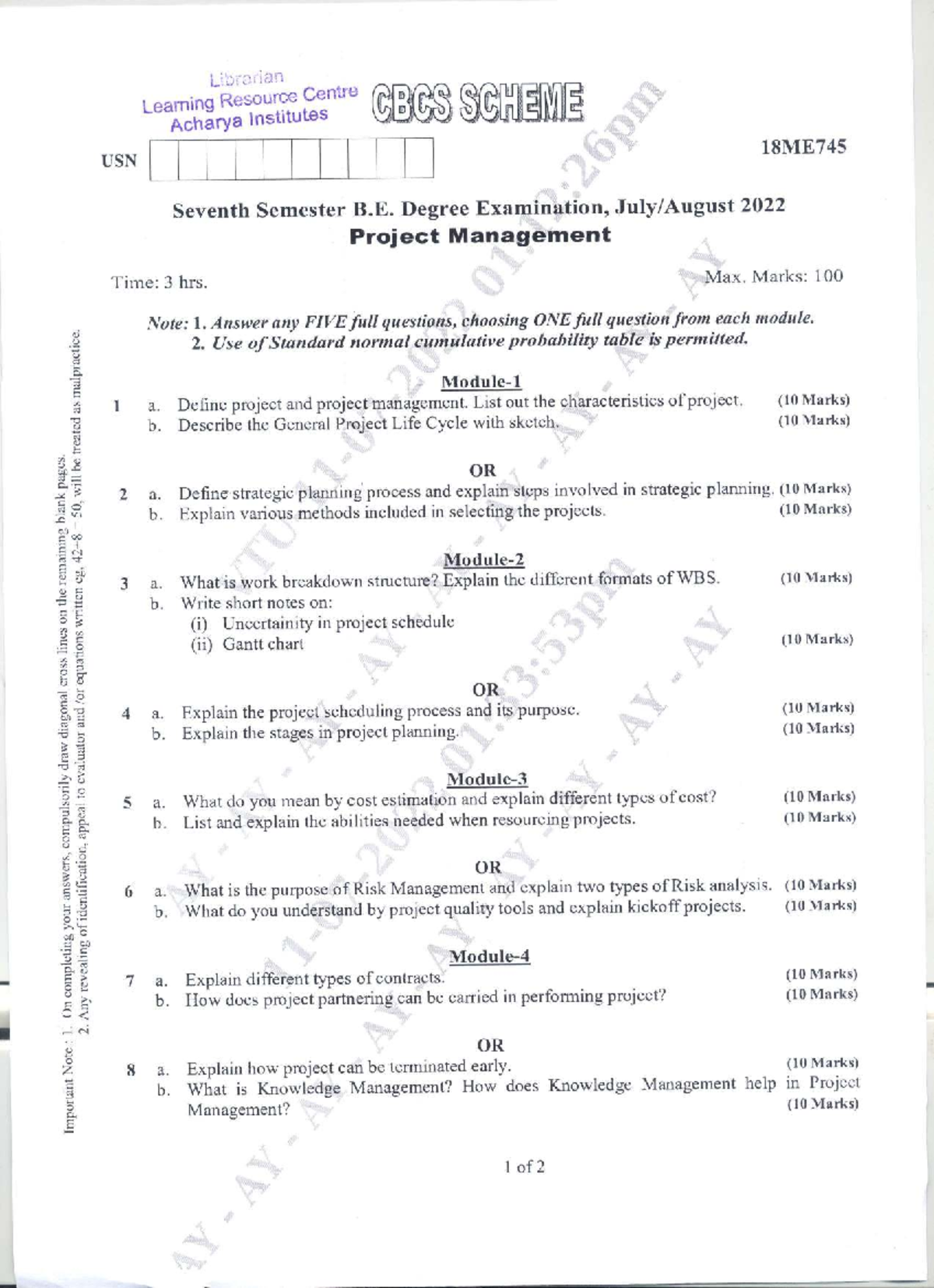 18ME745 Project Management Final Exam Question Paper 2022 - Studocu